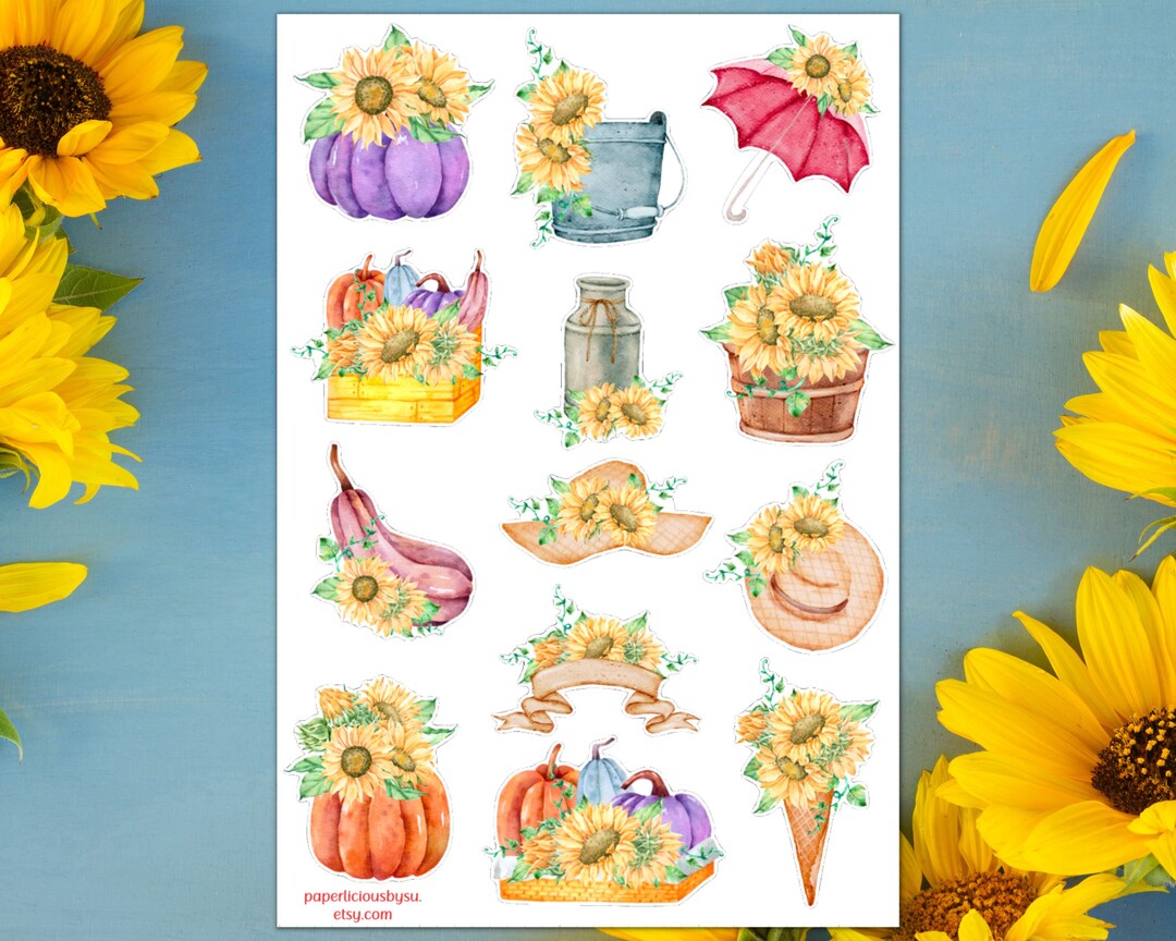 Sunflower Sticker Sheet, Sunflower Stickers, Flower Stickers, Aesthetic ...