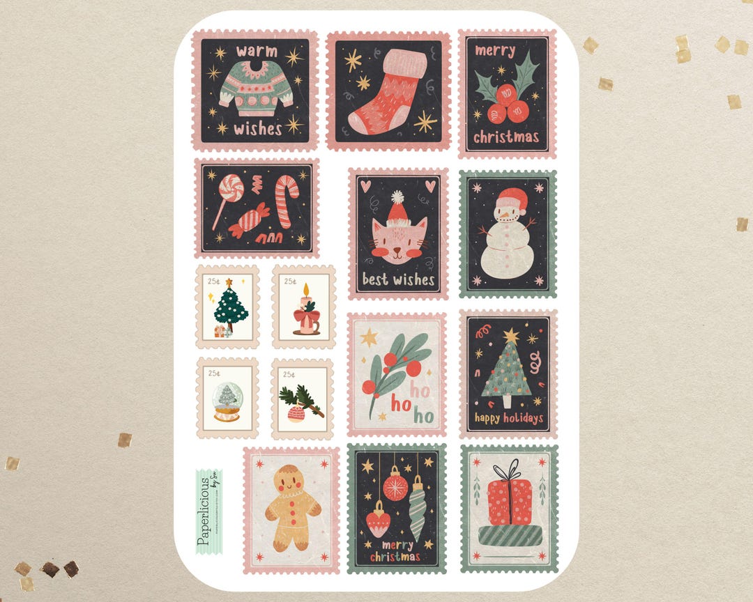 Cute Christmas Stamp Sticker Sheet, Holiday Stickers, Holiday Stamps ...