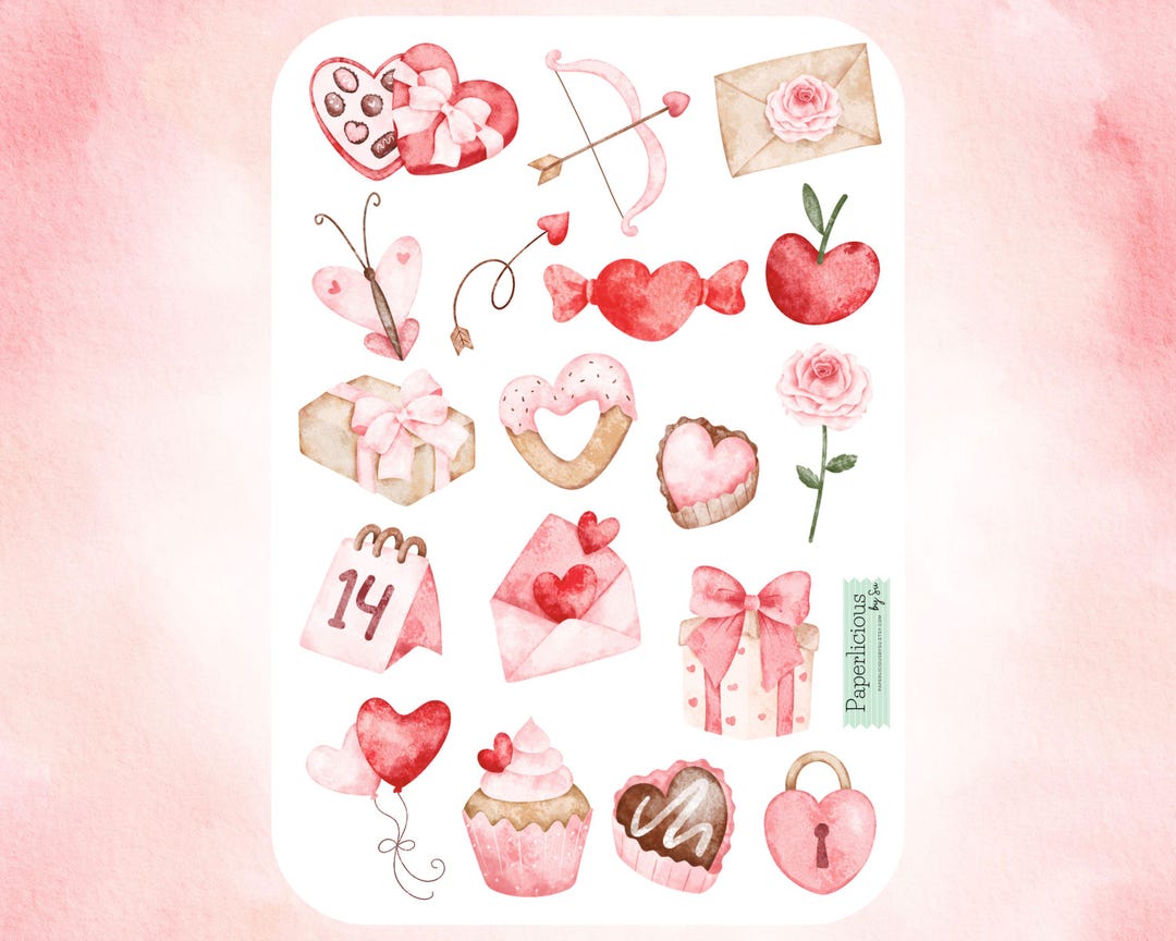 Valentine's Day Sticker Sheet, Valentine's Day Stickers, Pink Valentine ...
