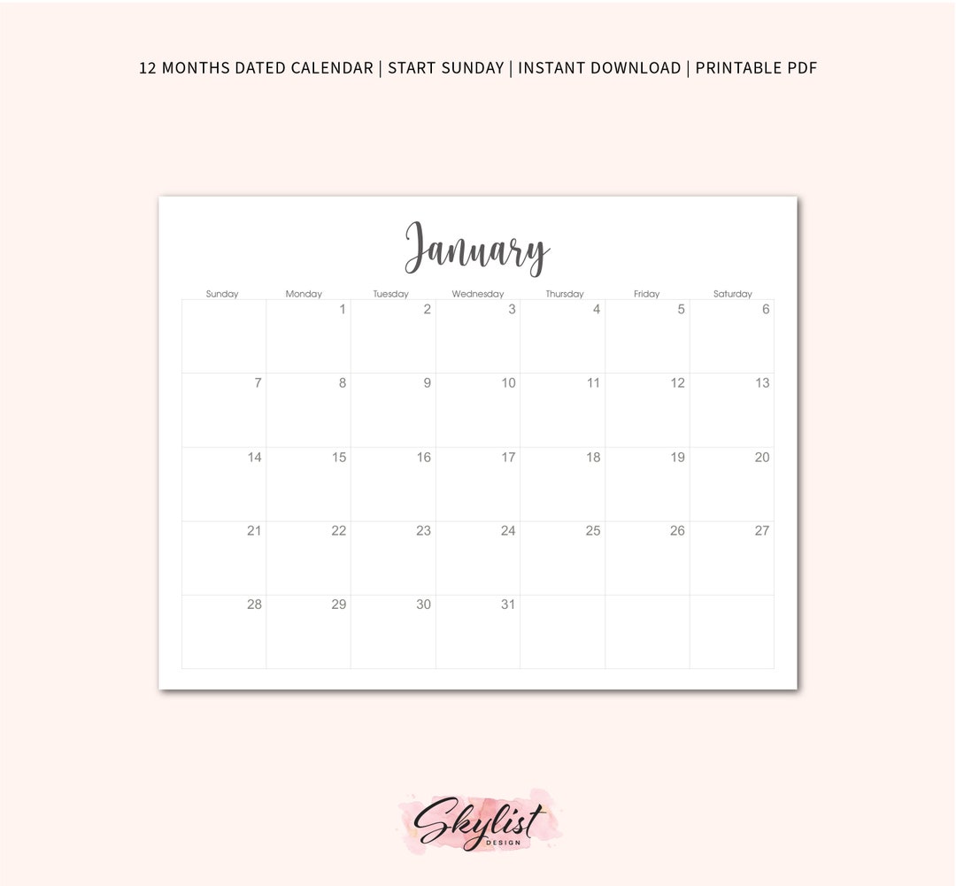 12 Months Dated Calendar PDF Printable - Etsy
