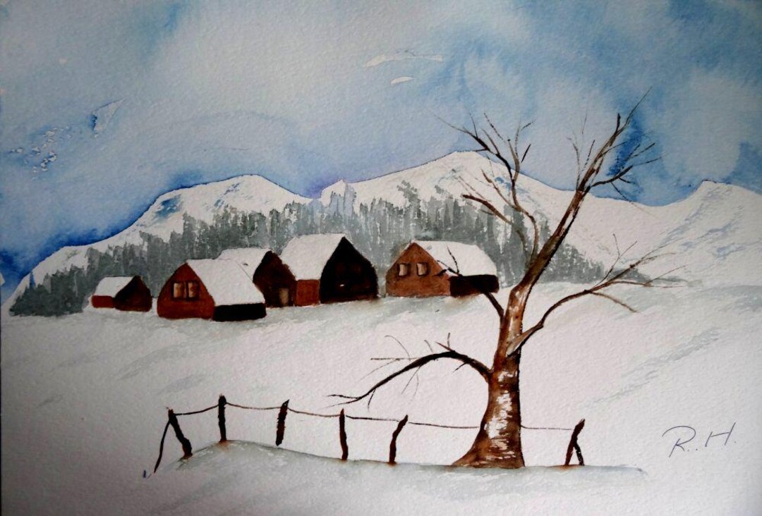 Winterlandschaft, Aquarell , Format 32 X 48 Cm Unikat, Signiert, Landschaft, Handgemalt ...