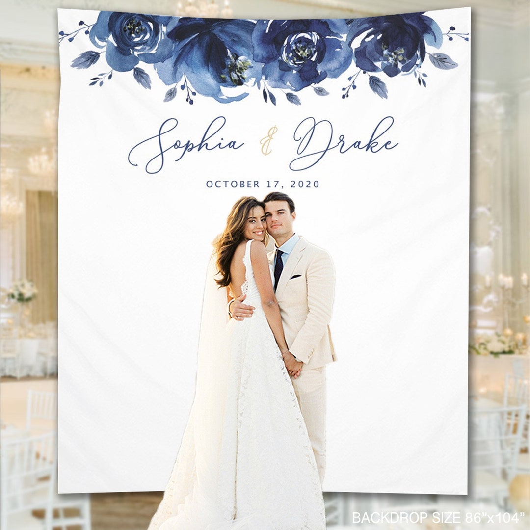 Wedding Backdrop, Navy Blue Flowers Reception Backdrop, Anniversary ...