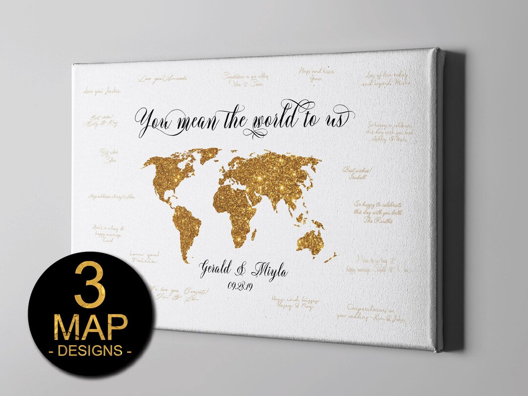 World Map Canvas Guest Book, Gold Glitters World Map Guestbook, Travel ...