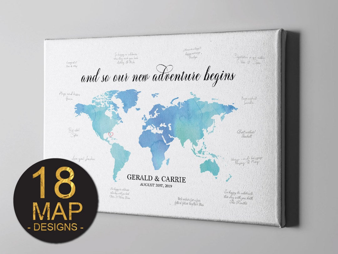 Canvas Guest Book, Watercolor World Map Guest Book, Travel Theme ...