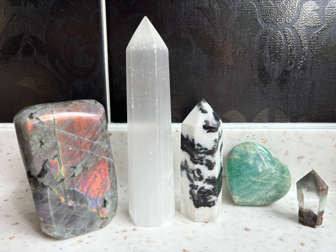 Crystal Mineral Box 5 Large Labradorite Block, Satin Spar Selenite ...
