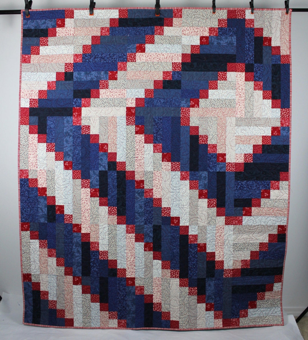 Handmade Log Cabin Scrap Quilt, Patriotic Quilt in Red White and Blue ...