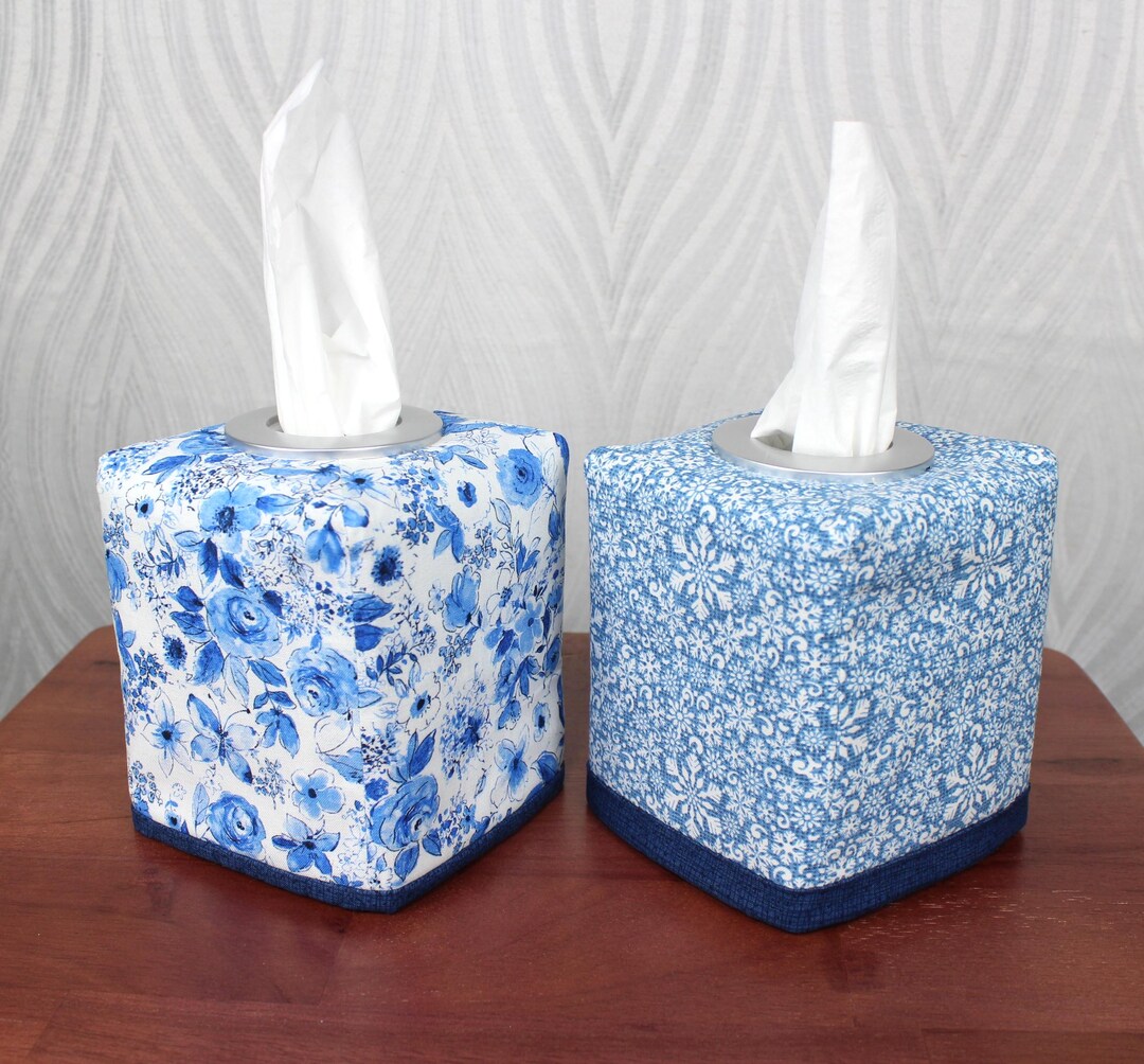 Reversible Tissue Box Cover - Blue Floral / Blue Snowflake - Etsy