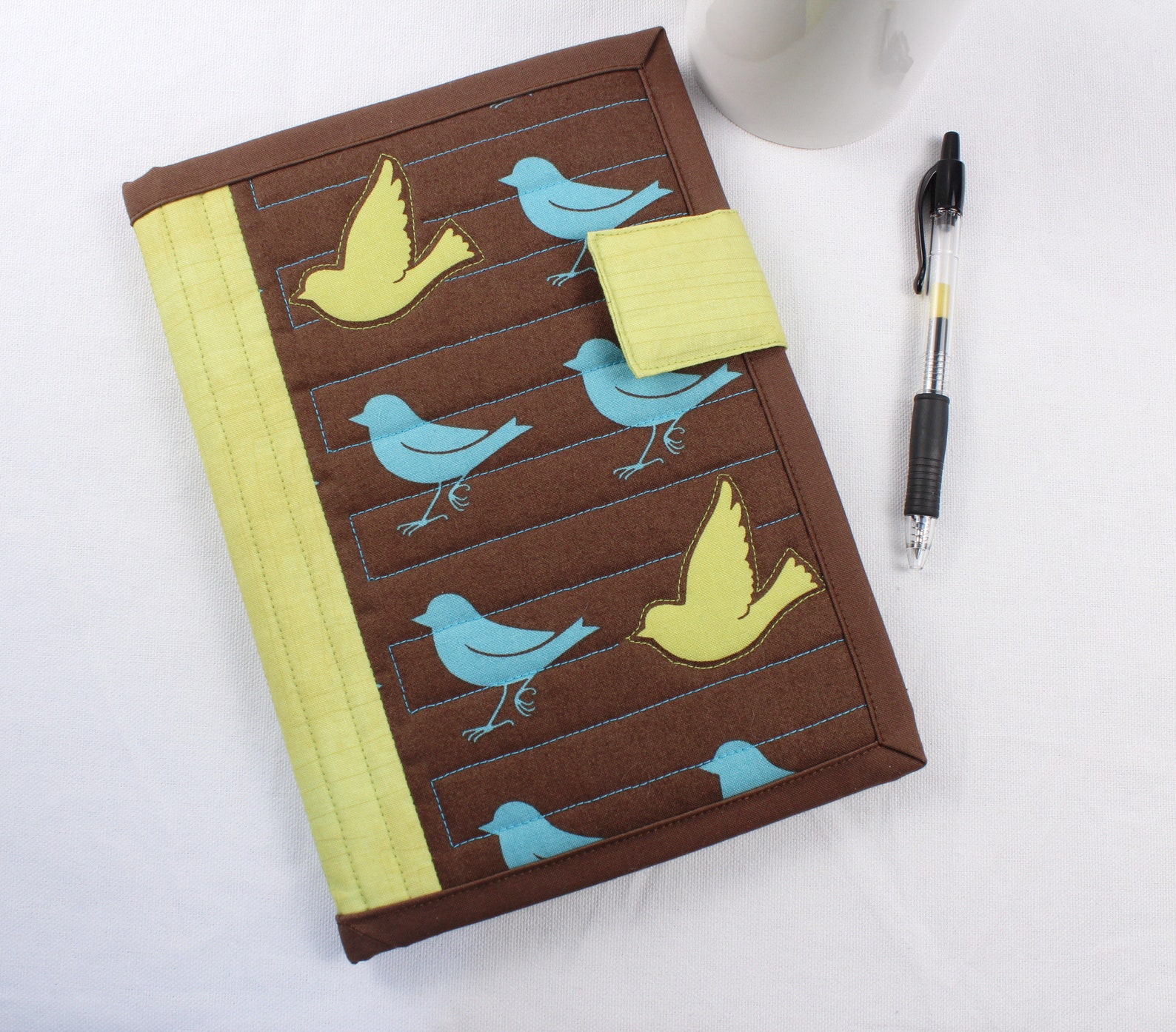 Quilted Notebook Cover With A5 Spiral Notebook -birds in Teal and Lime ...