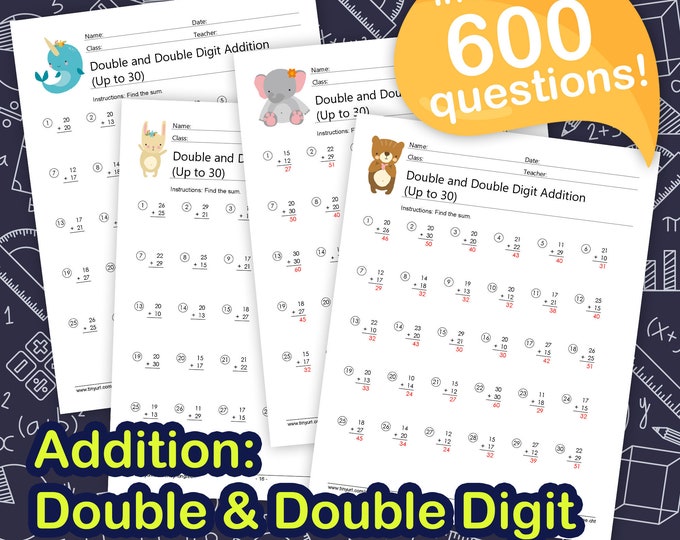 11 Printable Double Digit Addition Worksheets. Numbers 10 - 20. Grades ...