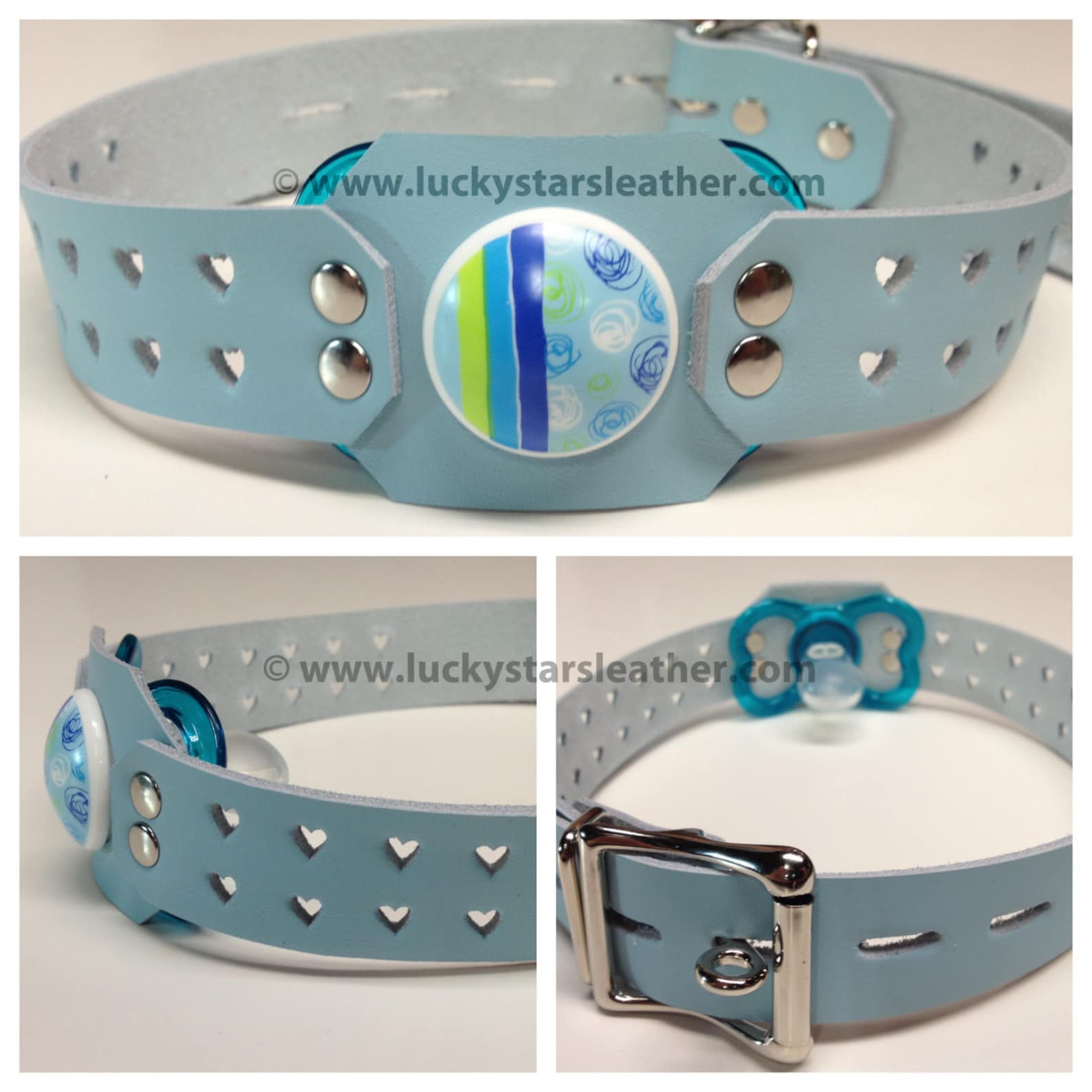 Locking Pacifier Gag With Hearts/locking Dummy Gag Baby Blue Leather ...