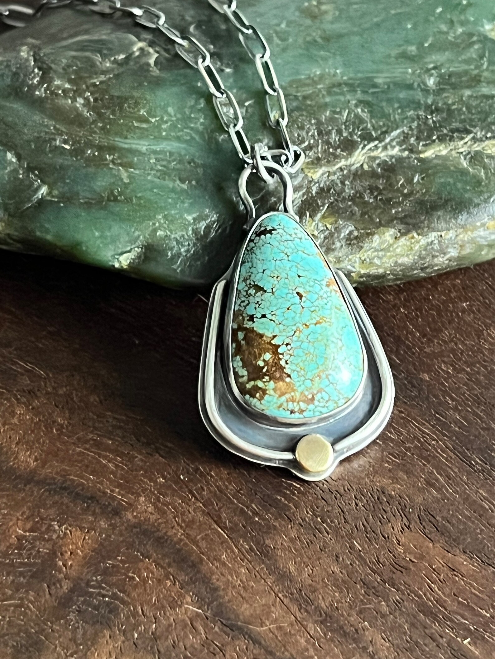 Mine 8 Turquoise Teardrop Sterling Silver Pendant With Gold Accents on ...