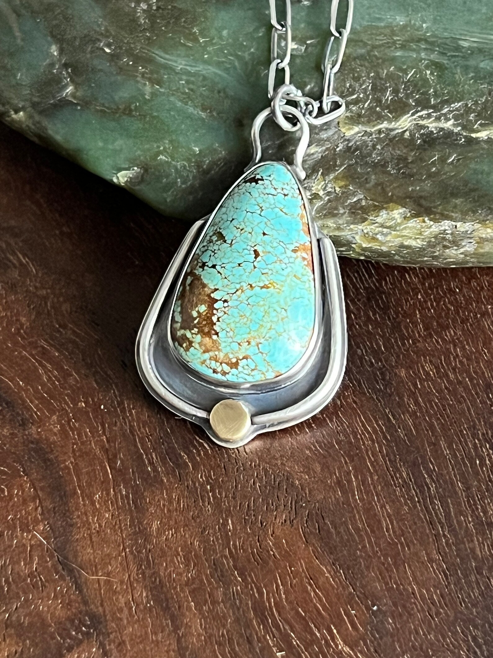 Mine 8 Turquoise Teardrop Sterling Silver Pendant With Gold Accents on ...