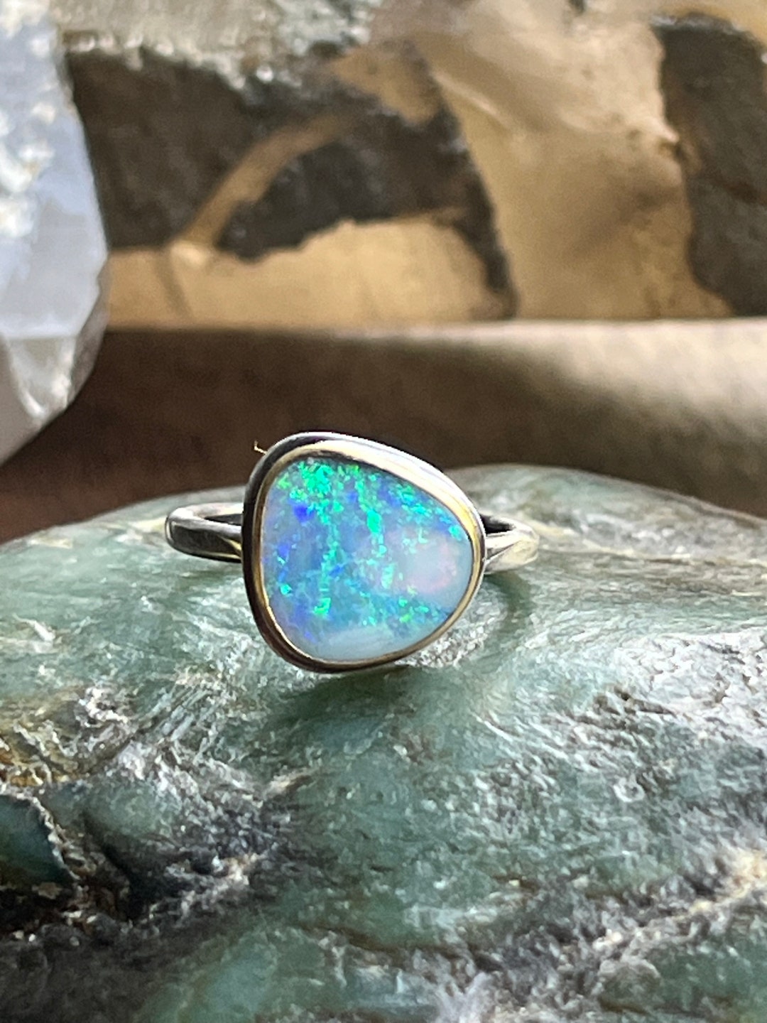 Lightning Ridge Australian Opal Ring Set in 22k Gold and Silver Size 7. ...