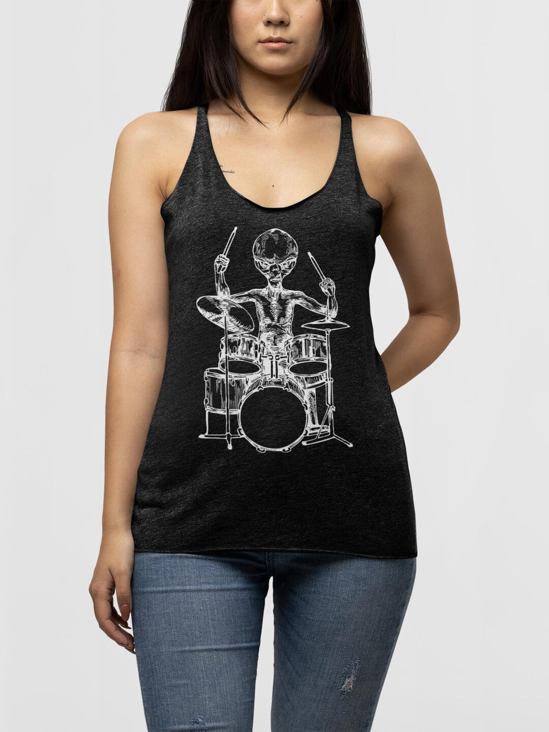 Alien Playing Drums Tank Top, Funny Drummer Gift for Women, Space ...