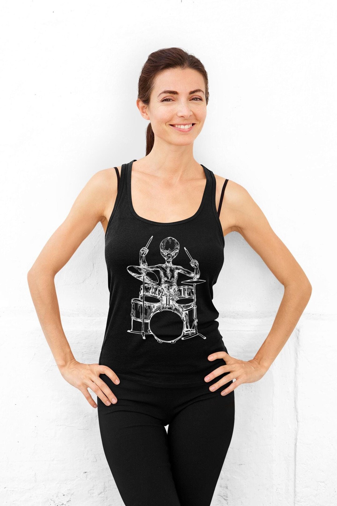 Alien Playing Drums Tank Top, Funny Drummer Gift for Women, Space ...