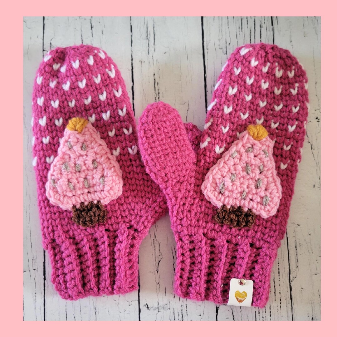 Crochet Christmas Tree Mittens Pink White Adult Mittens Gift Present ...
