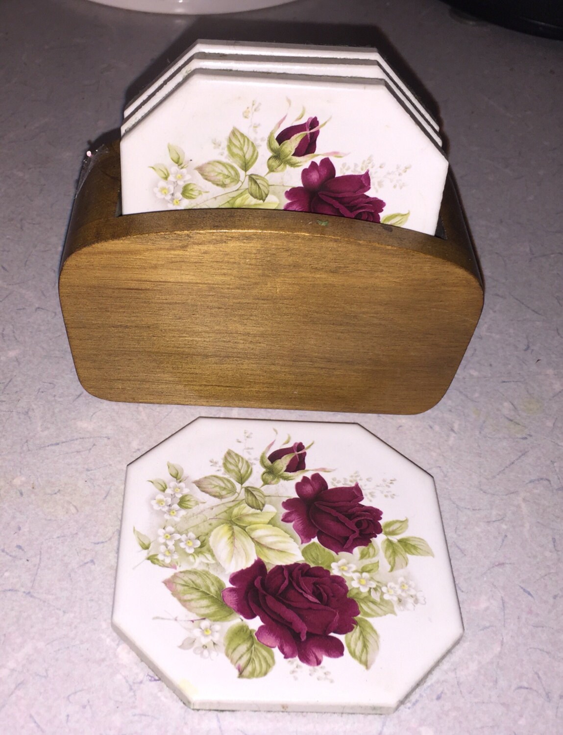 Ceramic Coasters Burgundy Roses Handcrafted Wood Box - Etsy