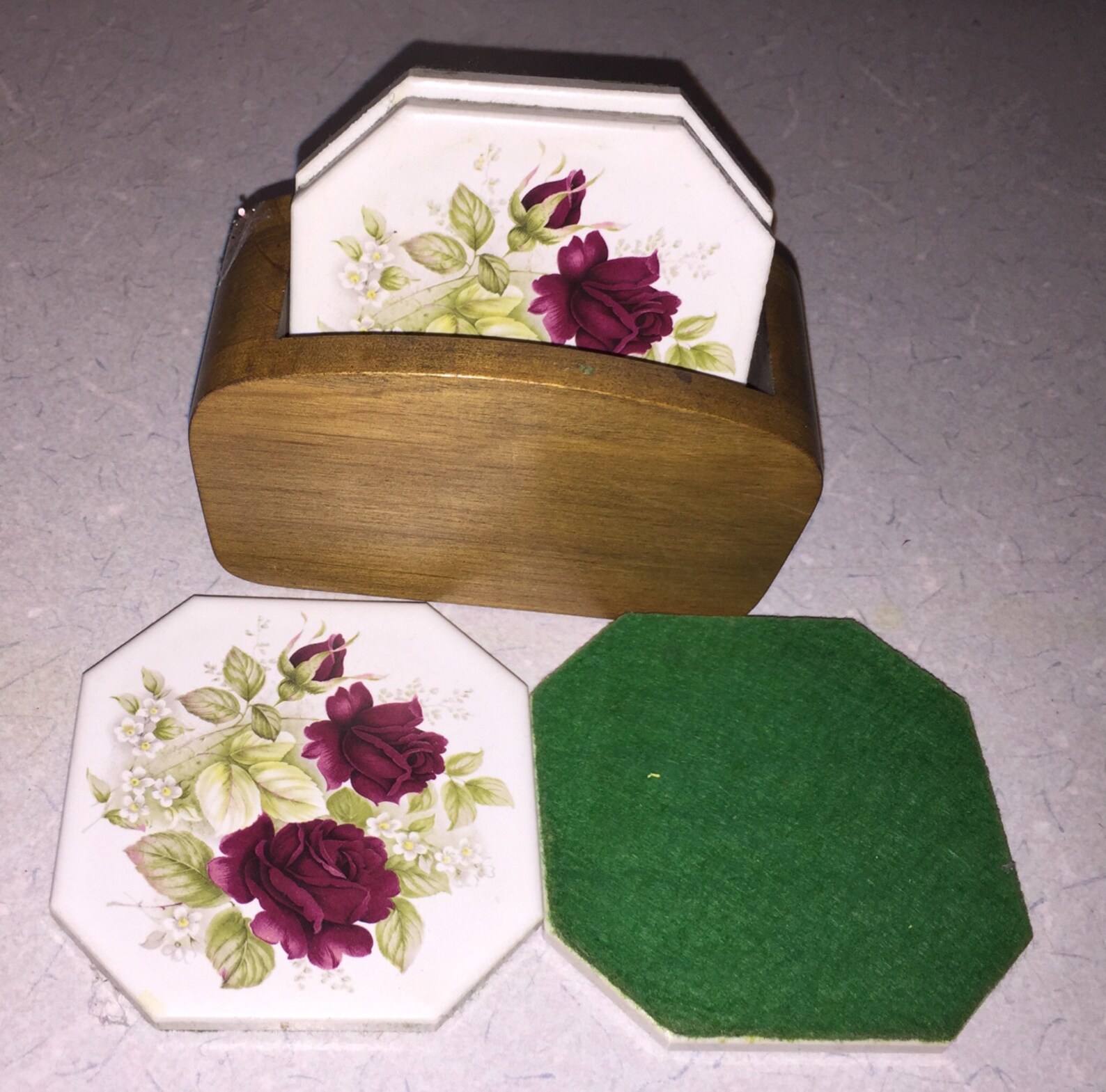 1980's Fine Vintage Ceramic 4 Coasters in Dark Burgundy Roses in ...