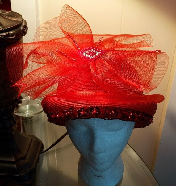 1980’s Red Straw Church Formal Hat Derby - Gem