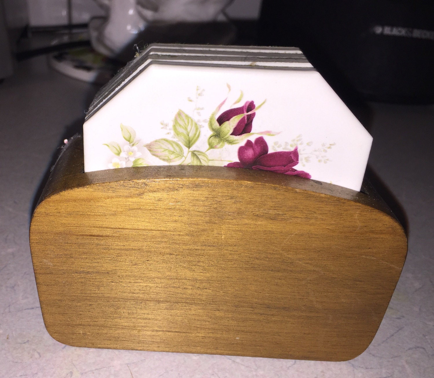 1980's Fine Vintage Ceramic 4 Coasters in Dark Burgundy Roses in ...