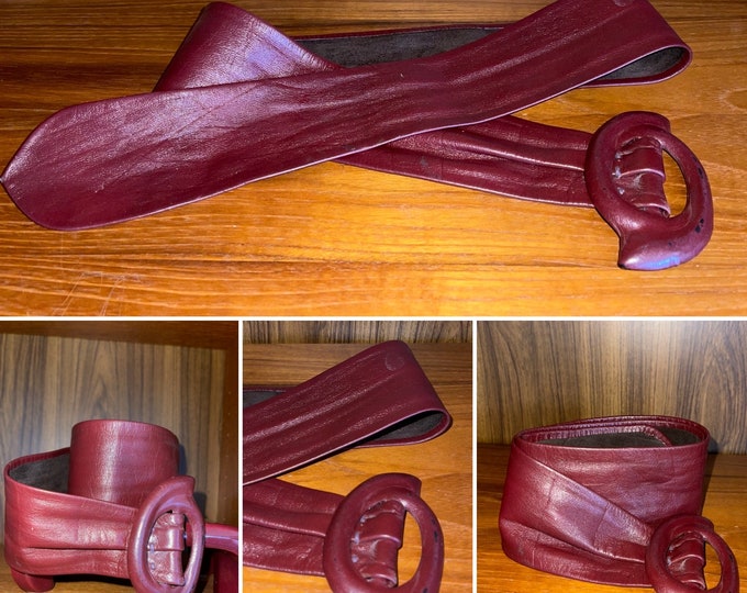 70s-80s Burgundy Leather Adjustable Fashion Belt Oval Self Covered ...