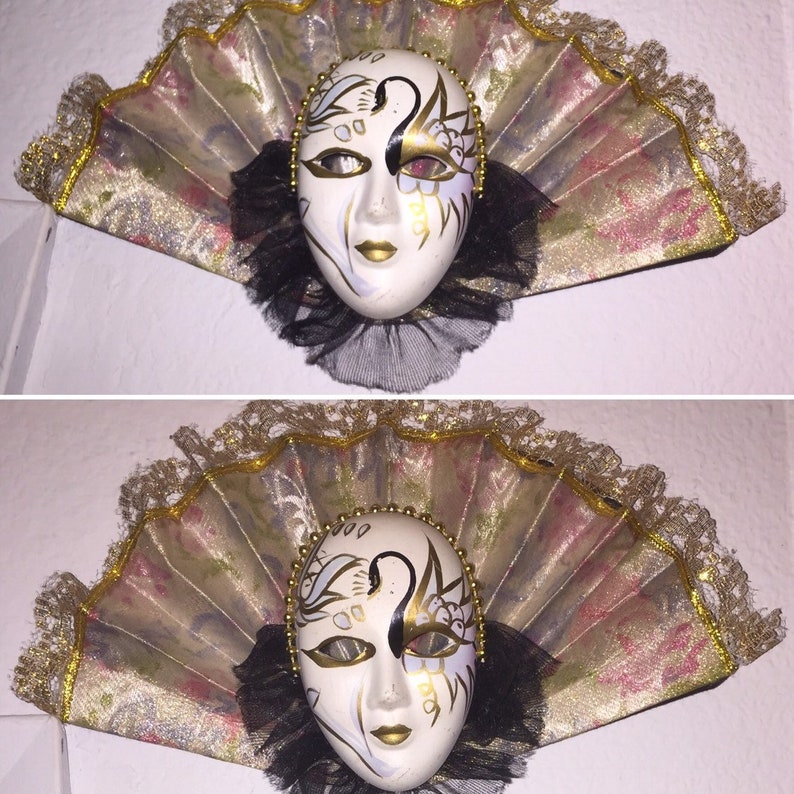 Vintage Handmade Lady Face Mask Ceramic Decor Jester Mask With Fan ...
