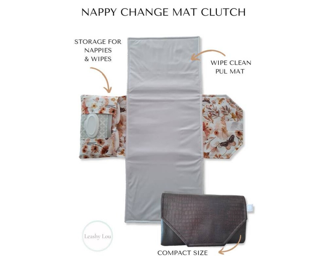 Tan Faux Leather/ Vintage Butterfly Bloom Nappy Change Mat Clutch With ...