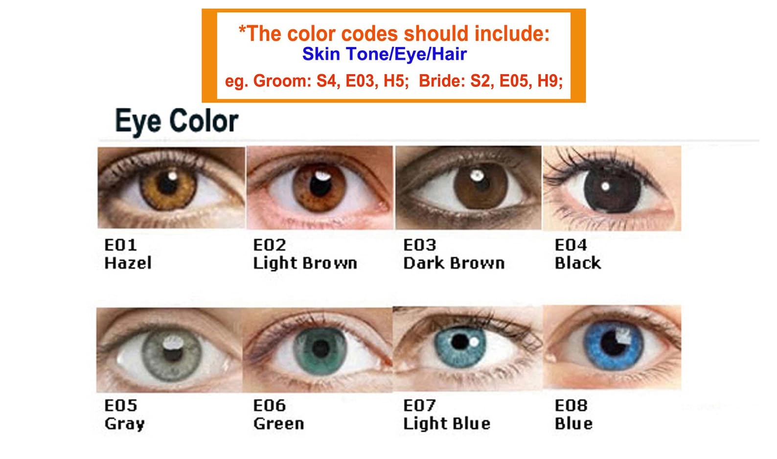 Color Chart: Skin Tone, Eye & Hair Color Codes (FREE With Order) - Etsy