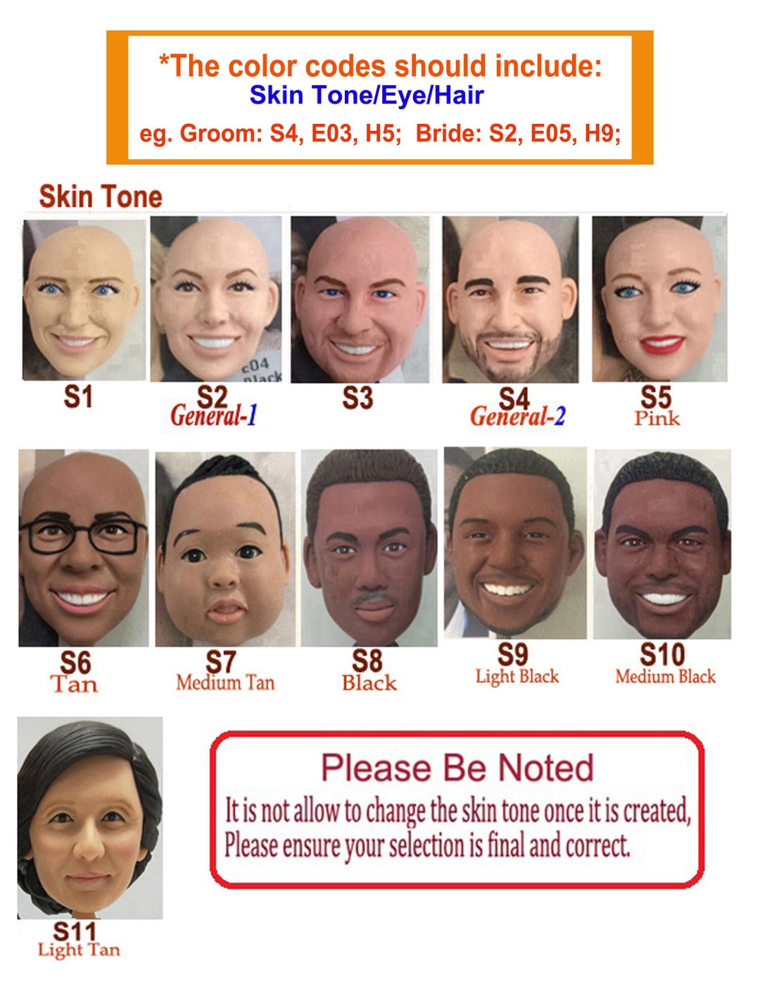 Color Chart: Skin Tone, Eye & Hair Color Codes (FREE With Order) - Etsy