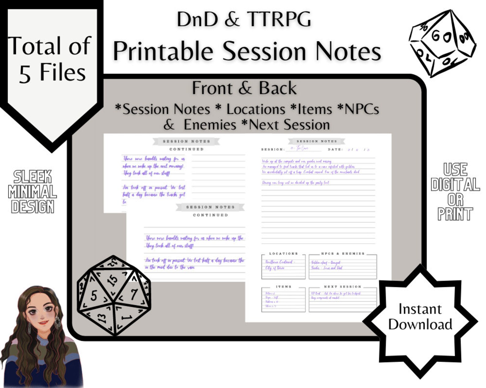 Clean and Minimal D&D and TTRPG Session Note Tracker - for Print and ...