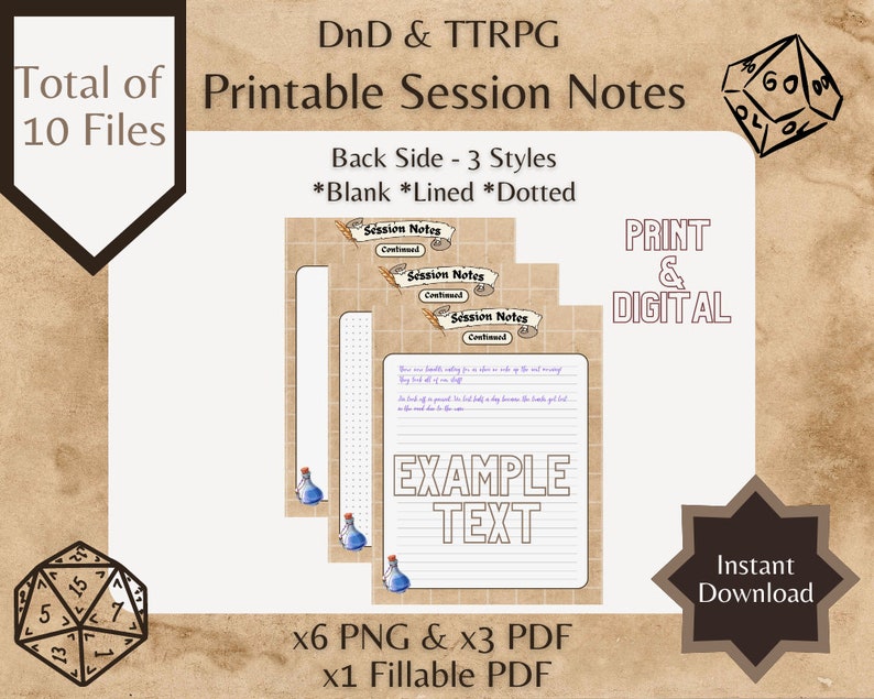 D&D and TTRPG Session Note Tracker - Printable and Digital Use - Etsy