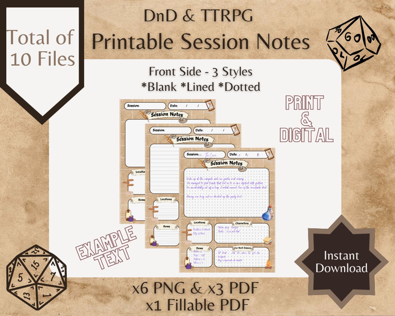 D&D and TTRPG Session Note Tracker - Printable and Digital Use - Etsy
