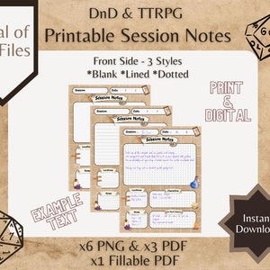 D&D and TTRPG Session Note Tracker - Printable and Digital Use - Etsy