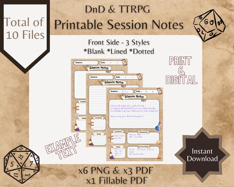 D&D and TTRPG Session Note Tracker - Printable and Digital Use - Etsy