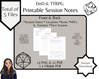Clean and Minimal D&D and TTRPG Session Note Tracker - for Print and ...