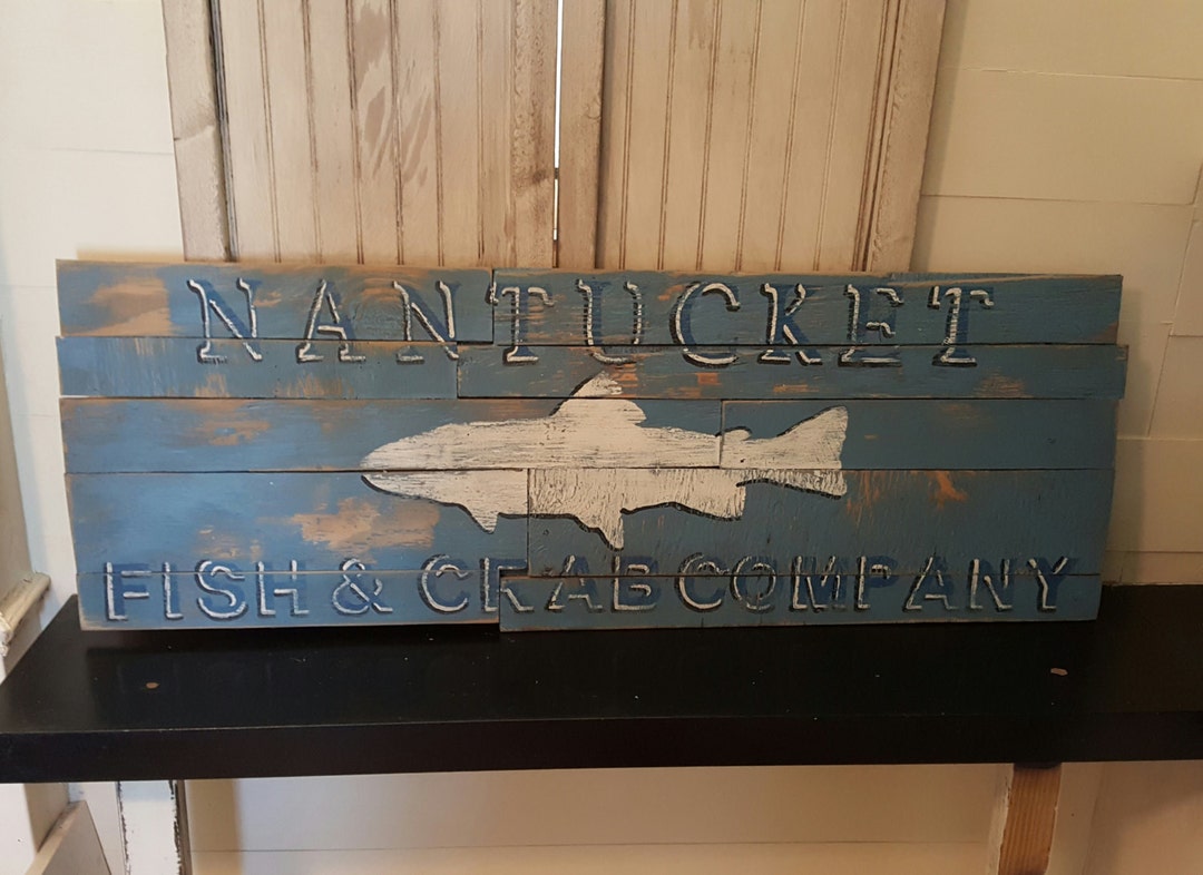 Nautical Themed Nantucket Fish and Crab Co.slatted and Distressed Wood ...
