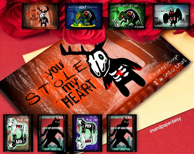 CRYPTID VALENTINE SET 8 Instant Download Valentines 5x7 Prints Wendigo ...