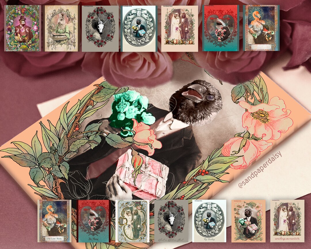 VICTORIAN Creatures VALENTINE SET 14 Instant Download Valentines 5x7 ...