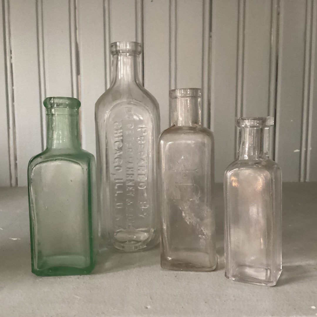 Vintage Square Glass Bottles Set of 4 * Clear and Green - Etsy