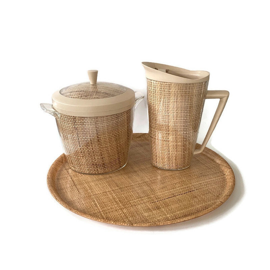 Vintage Raffia Ware Bar Set * Serving Tray * Ice Bucket * Pitcher - Etsy