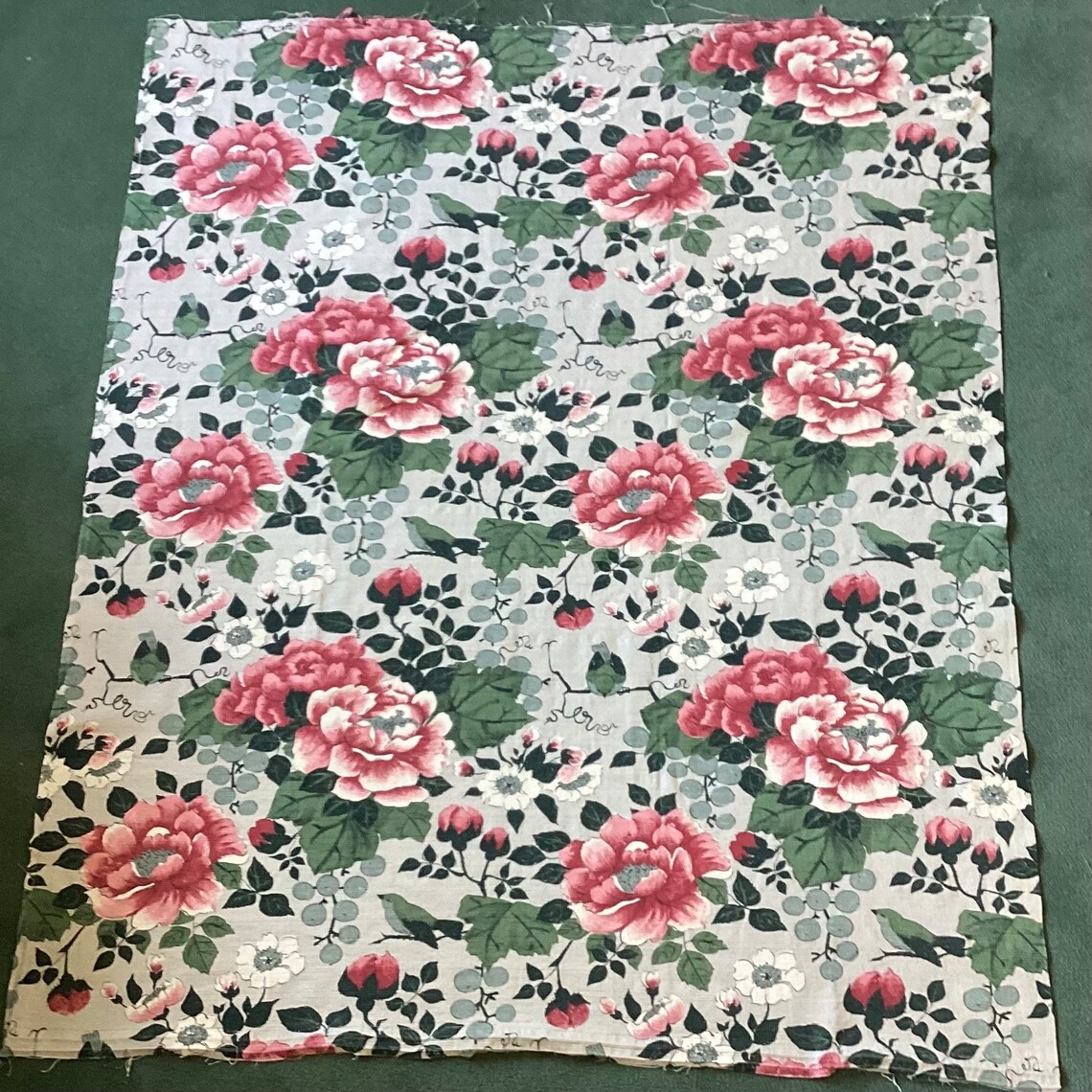 True Vintage Barkcloth Fabric * Peonies and Song Birds * Deconstructed ...