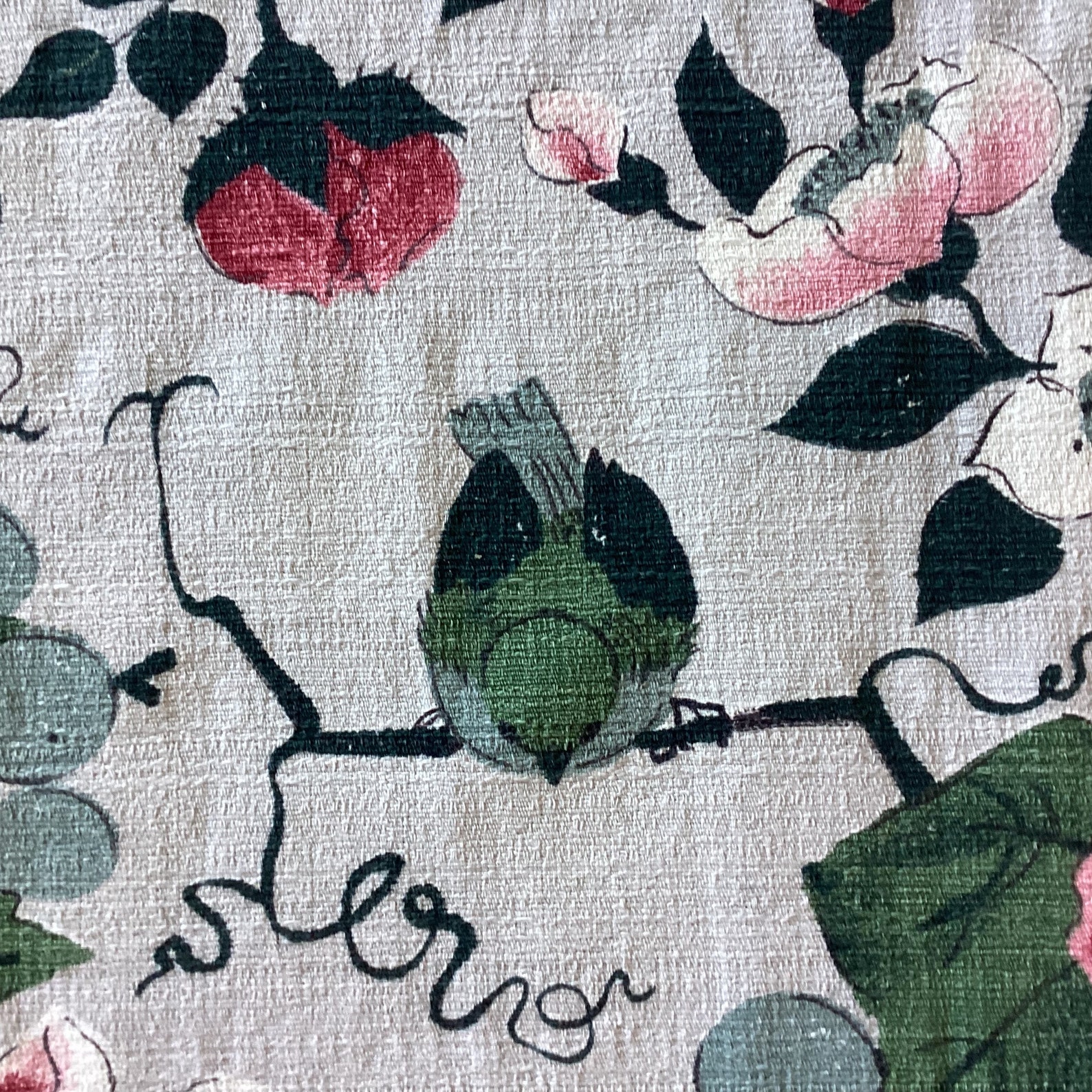 True Vintage Barkcloth Fabric * Peonies and Song Birds * Deconstructed ...