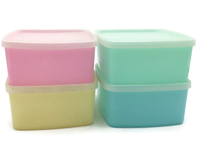 Vintage Tupperware * Square Round Covered Containers * Sheer Pink, Blue ...