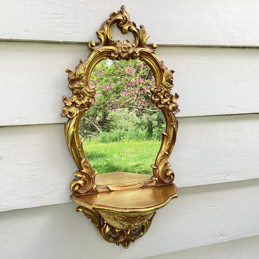 1970 Vintage Syroco Art Wall Mirror With Integrated Shelf * Ornate Gold ...