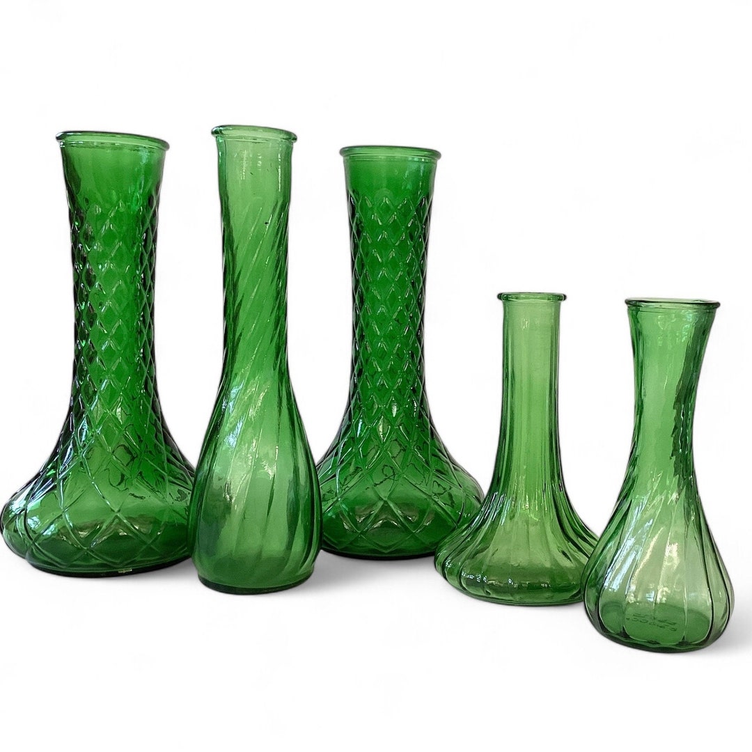 Vintage Emerald Green Glass Floral Bud Vase Collection * Set of 5 - Etsy
