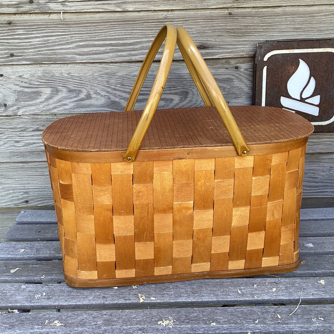 Vintage Picnic Basket * Woven Split Wood - Etsy