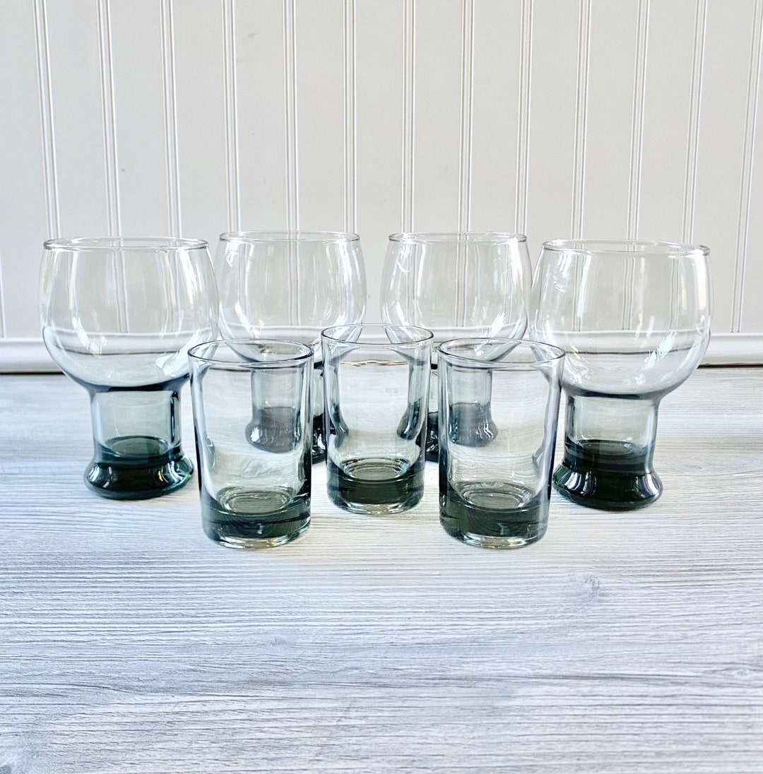 Vintage Set of 7 Smokey Gray Bar Drinking Glasses Libbey Pedestal Stax ...