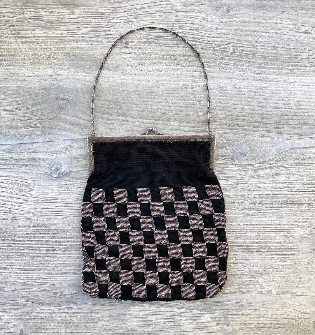 Vintage Beaded Purse Black and Silver Checkerboard Handbag With Metal ...