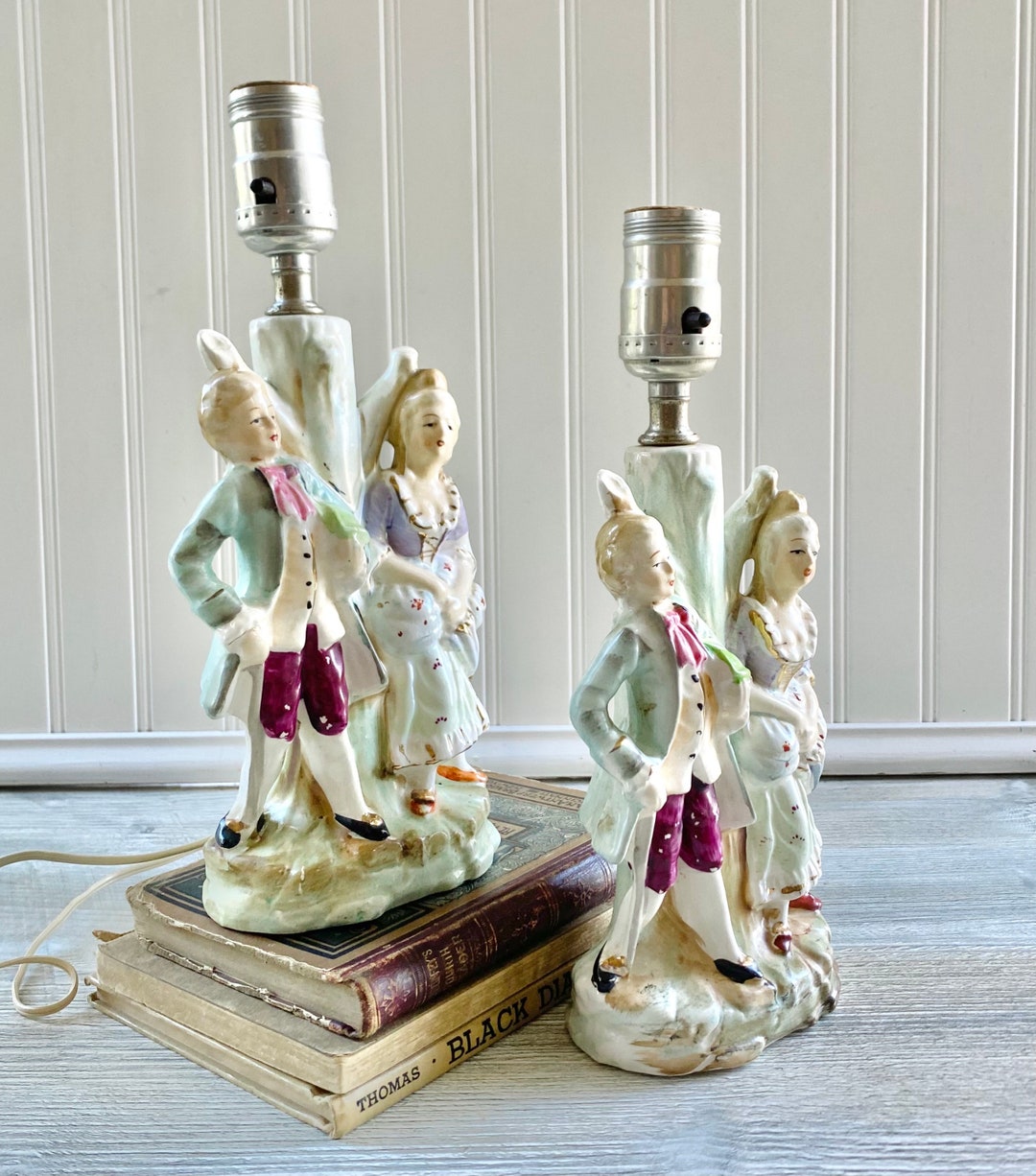 Vintage Victorian Couple Ceramic Lamp Pair - Colonial Man and Woman ...