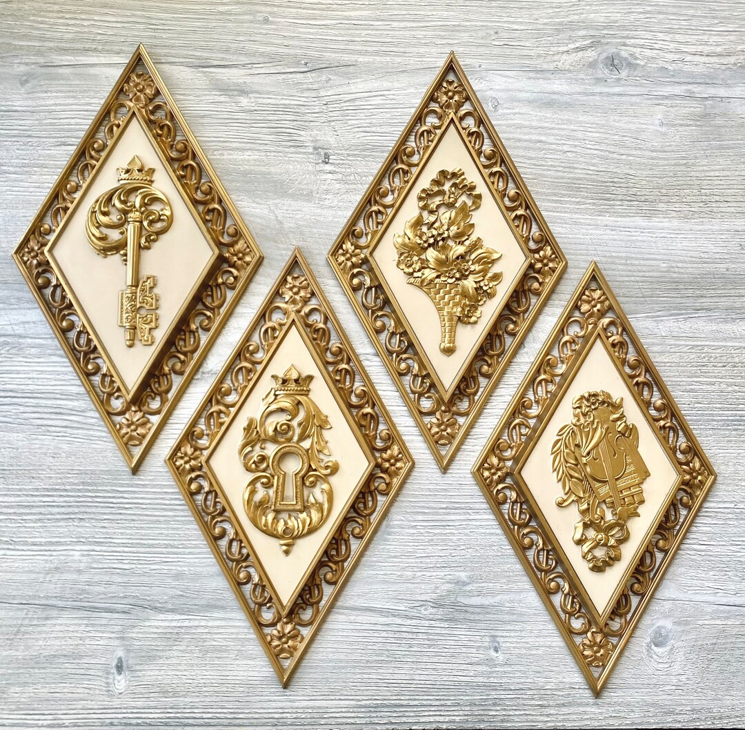 Vintage Diamond Shape Wall Art Plaques Midcentury Gold Resin by Dart ...